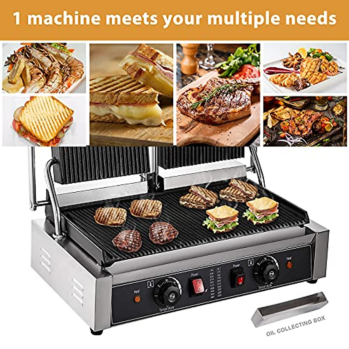 Panghuhu88 110V 3600W Commercial Sandwich Panini Press, Commercial Double Panini Presser Non-Stick Full Grooved Plates 122°F-572°F Temp Control for Hamburgers Steaks Bacons,22.8" x 14.4"