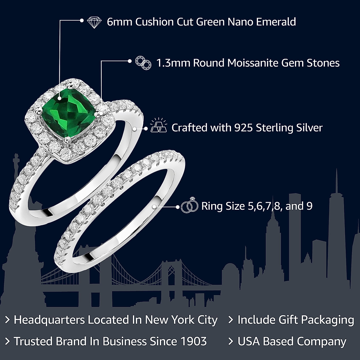 Gem Stone King 925 Sterling Silver Cushion Green Nano Emerald and White Moissanite Wedding Engagement Ring Band Bridal Set For Women (1.52 Cttw, Available In Size 5, 6, 7, 8, 9)