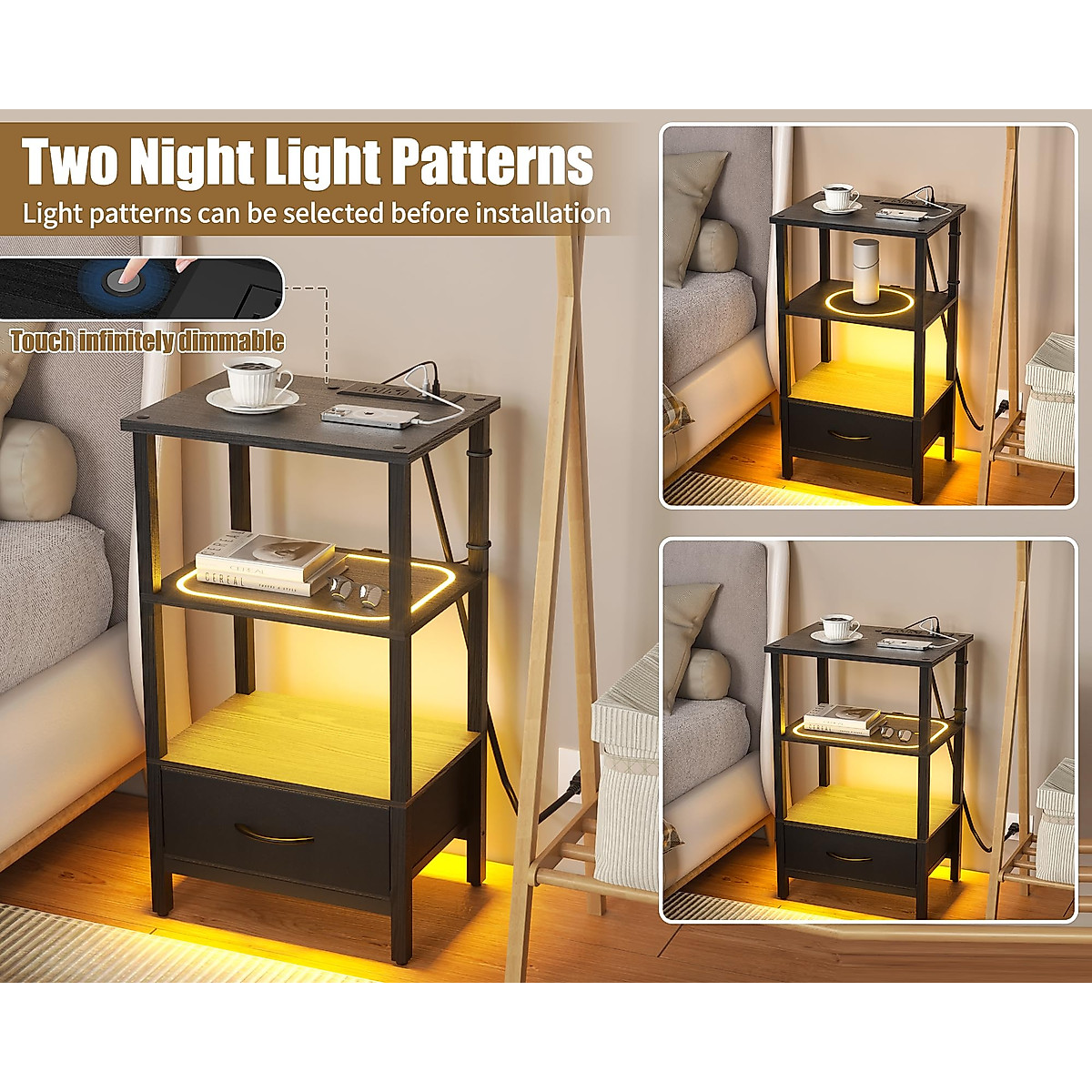 LED Nightstand with Charging Station, 2024 Updated Night Stand with Touch Switch Unlimited Dimming Double-Layer Control, Small Night Light Side Tables, Bedroom End Table, Bed Side Table(Black)