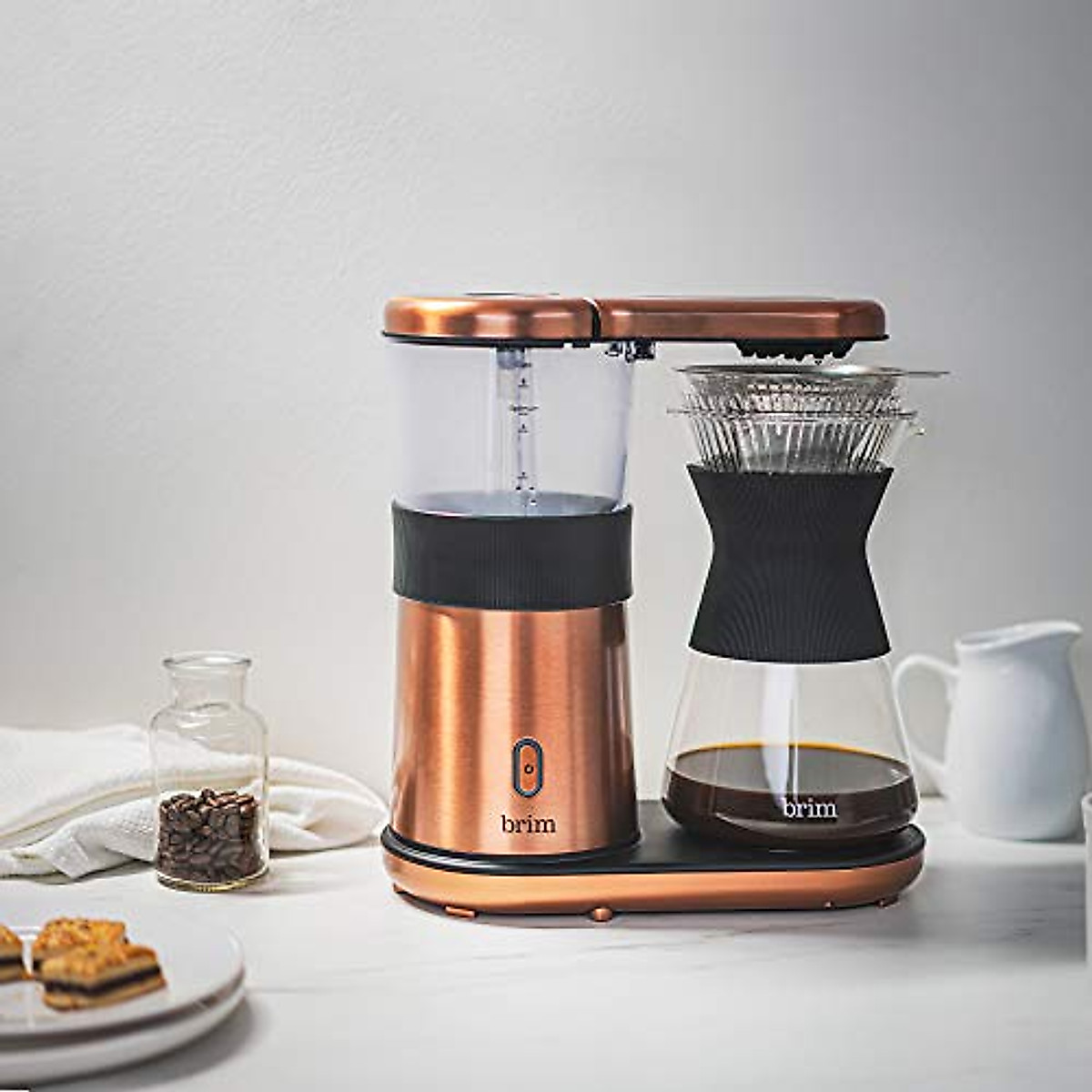 brim 8 Cup Pour Over Coffee Maker, Simply Make Rich, Full-Bodied Coffee Every Time, Set Includes Glass Carafe, SCA Measuring Scoop, Silicone Sleeve, and Healthy-Eco Reusable Filter, Satin Copper