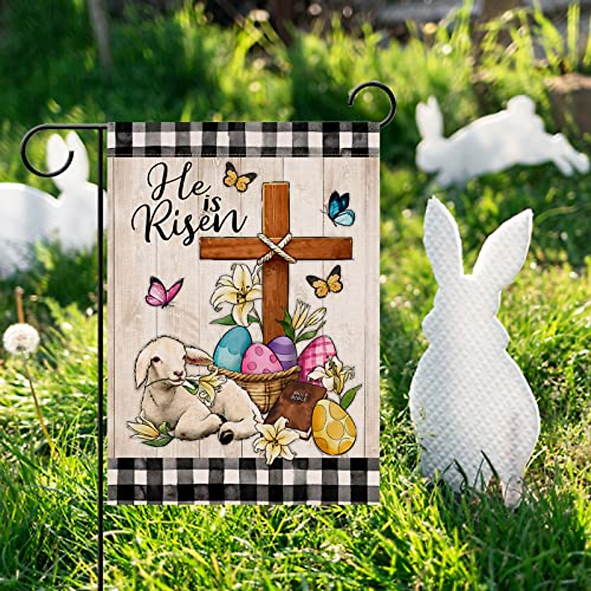 Hzppyz He is Risen Easter Cross Eggs Religious Garden Flag Double Sided, Faith Lily Lamb Butterfly Decorative Yard Outdoor Home Small Decor, Buffalo Plaid Check Burlap Outside House Decoration 12 x 18