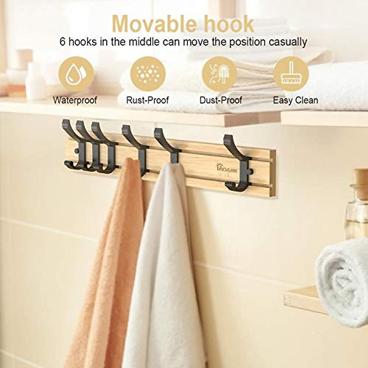 Anjuer Coat Hanger Clothes Rack 6 Active Hooks Heavy Duty Clothes Hat Holder Bamboo