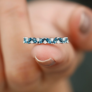 Rosec Jewels London Blue Topaz and Diamond Ring, Alternate Blue Topaz Semi Eternity Ring, 14K White Gold, Size:US 5.50