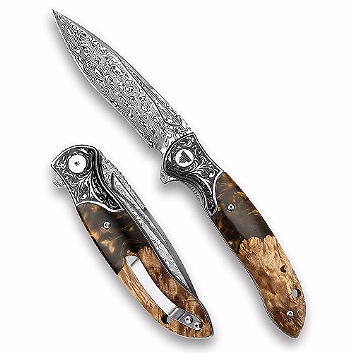 TRIVISA Damascus Folding Knife for Men,3.6'' Hand Forged 110 Layers Steel Hunting Blade,Resin and Wood Handle with Pocket Clip,Virgo-07Y