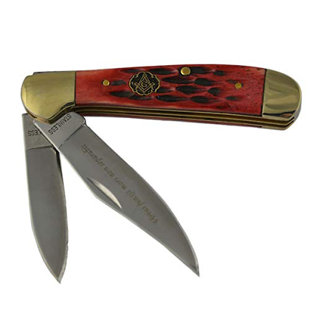 Virtus Junxit Mors Non Separabit Square & Compass Dual Blade Masonic Folding Pocket Knife - [Red & Gold]