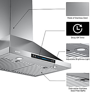 IKTCH 30-inch Wall Mount Range Hood 900 CFM Ducted/Ductless Convertible, Kitchen Chimney Vent Stainless Steel with Gesture Sensing & Touch Control Switch Panel, 2 Pcs Adjustable Lights(IKP02-30'')