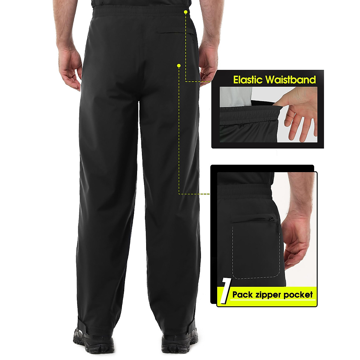 33,000ft Men's Rain Pants Waterproof Rain Over Pants Windproof Lightweight Outdoor Rain Pants for Work Golf Hiking Fishing Black