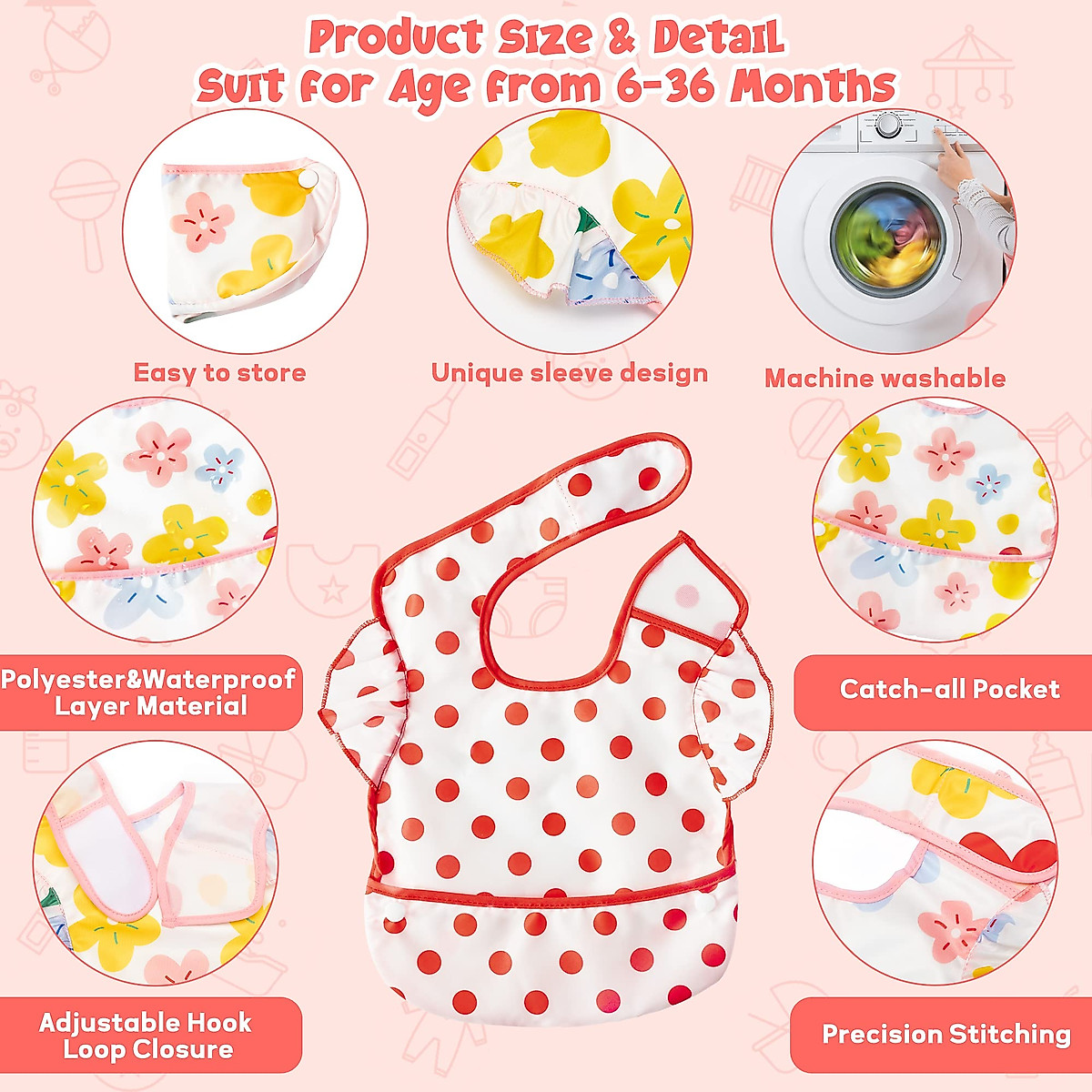 2ooya 3Pcs Mess Proof Bibs for Baby Girls Eating Waterproof Feeding Bib Set with Crumb Catcher Infant Adjustable Teething Bib Sleeveless Food Bibs for Babies, 6-36 Months