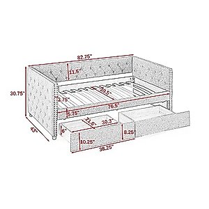 Linuque Upholstered Twin Size Daybed with Two Storage Drawers, Wood Linen Fabric Sofa Bed Frame with Button Tufted Armrest and Nailhead Trimming on Square Arms, Beige