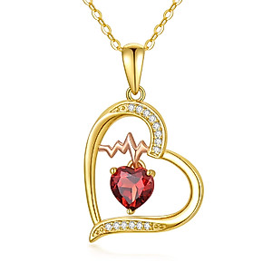 Ayafee 14K Gold Love Heart Pendant Necklace with Garnet, Heartbeat Necklace Valentine's Day Anniversary Jewelry Gift for Wife Girlfriend