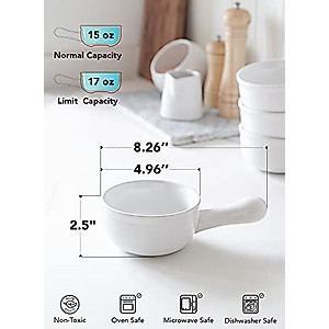 LE TAUCI Soup Bowls with Handle, 15 Oz Ceramic French Onion Soup Bowls, Large Soup Crocks Oven Safe for Stew, Onion, Soup, Chilli, Set of 4, White