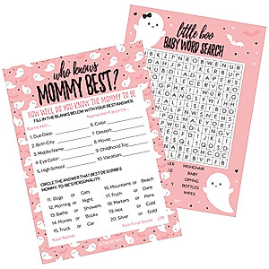 DISTINCTIVS Pink A Little Boo is Almost Due Girl Baby Shower Games - Who Knows Mommy Best and Word Search (2 Activity Game Bundle) - Set of 20 Player Cards, Halloween Baby Shower
