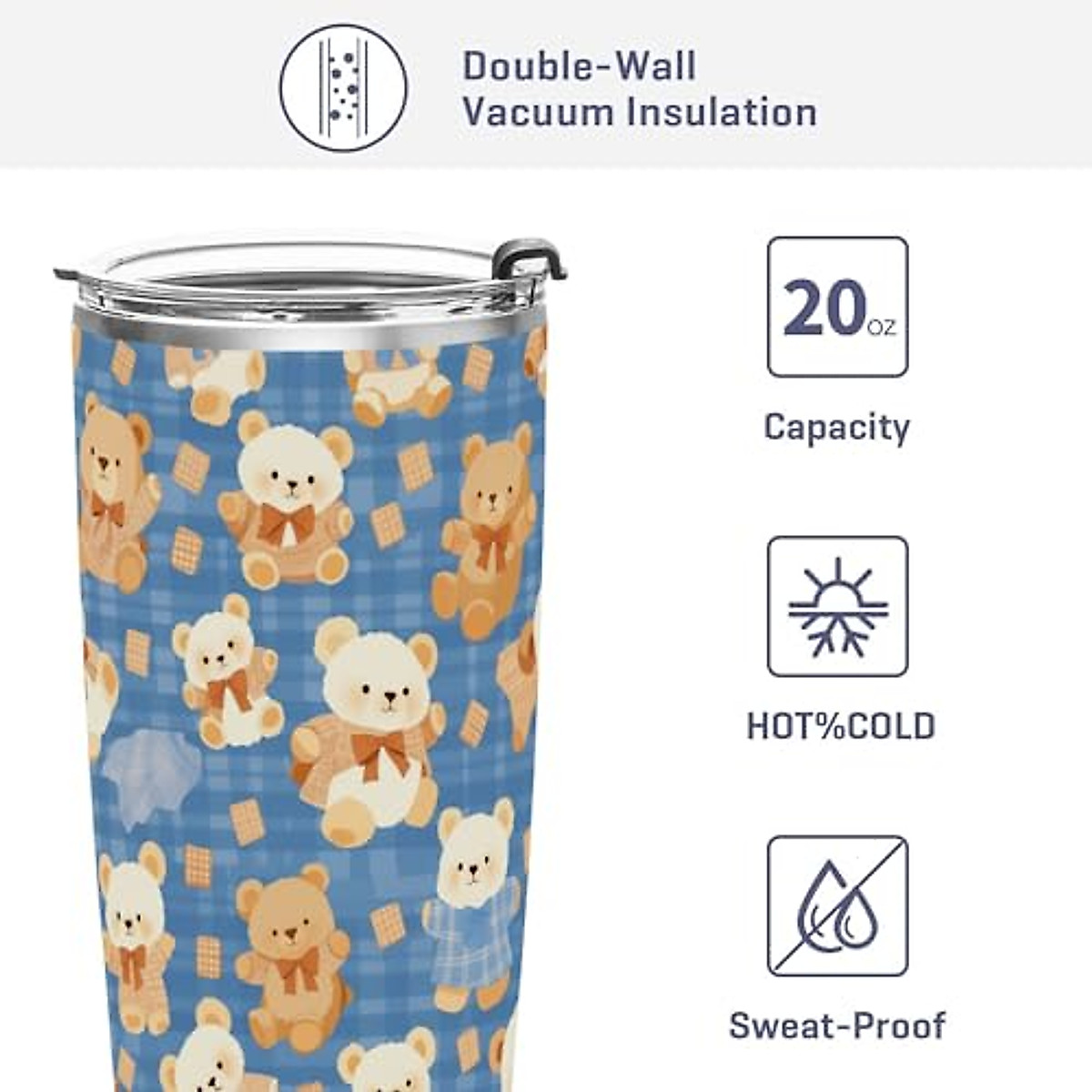 sanluoli Cartoon Bears Cute Plaids Stainless Steel coffee cup with Lid and Straw mugs for coffee for camping reusable insulated tumbler with lid 20 OZ