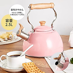 ROCKURWOK Whistling Tea Kettle, 1.6 QT / 50 OZ, Pink Teapot, Universal Base for Induction | Gas | Electric | Halogen | Radiant, Wooden Handle, Vintage