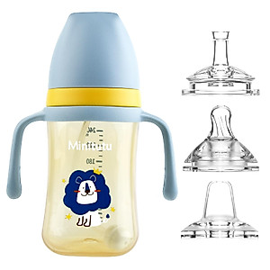 Weighted Straw Sippy Cup,Sippy Cup with Straw and Handles,Weighted Straw Trainer Cup,No-Spill Easy Grip Cup with Soft Flex Spout,with 3 Sippy Spouts for Baby and Toddlers (Blue)