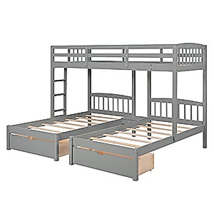Wooden Triple Bunk Bed with Drawers, Twin Over Twin & Twin Bunk Bed for 3 Kids, Space Saving Bed Frame (2 Drawers- Grey)