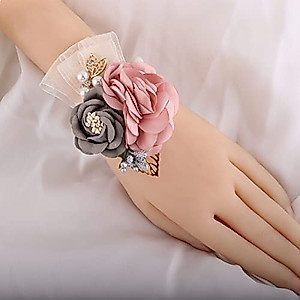 QUUPY Pink Grey Wedding Bride Wrist Corsage Wristlet Band Bridesmaid Wrist Flower Artificial Rose Faux Pearl Bracelet Hand Flower Decor for Prom Party