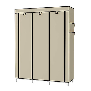 UDEAR Portable Wardrobe Closet Clothes Organizer Non-Woven Fabric Cover with 6 Storage Shelves, 2 Hanging Sections and 4 Side Pockets，Beige