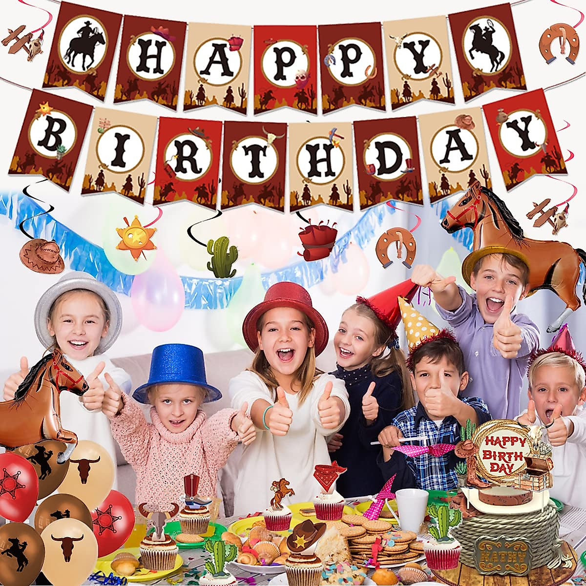 Cowboy Party Decorations Set - Western Birthday Party Decorations Country Rodeo Party Favor Horse Balloons Birthday Banner Cupcake Toppers Hanging Swirls