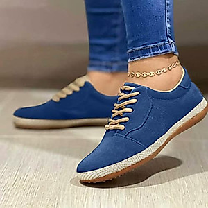 Soft-Toe Women Sneakers Slip On Wide Single Up Women Shoes Lace Casual Suede Toe Breathable Comfortable Flat (Blue, 9)