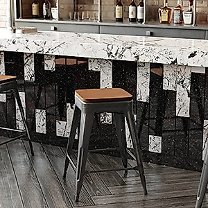 BizChair Commercial Grade 24" High Backless Black Metal Indoor-Outdoor Counter Height Stool with Teak Poly Resin Wood Seat