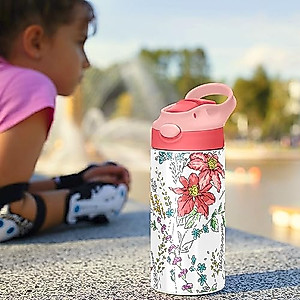 GOODOLD Chic Floral Pattern Kids Water Bottle, Insulated Stainless Steel Water Bottles with Straw Lid, 12 oz BPA-Free Leakproof Duck Mouth Thermos for Boys Girls
