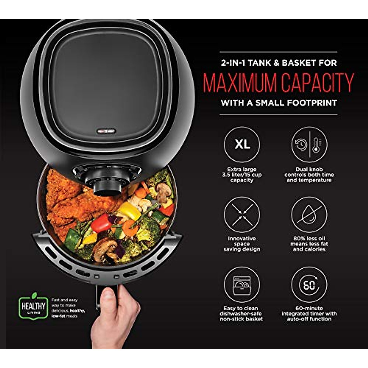 CHEFMAN Small Air Fryer Healthy Cooking, 3.6 Qt, Nonstick, User Friendly and Dual Control Temperature, w/ 60 Minute Timer & Auto Shutoff, Dishwasher Safe Basket, Matte Black, Cookbook Included