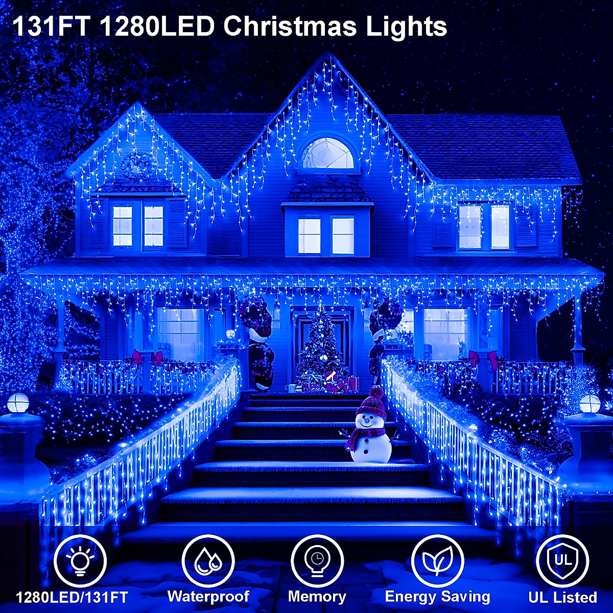 JXLEDAYY Christmas Lights Super Long 1280 LED 131 FT LED String Lights with 240 Drops Plug in 8 Modes Christmas Decoration for Holiday Wedding Party Bedroom Garden Patio Outdoor Indoor (Blue)