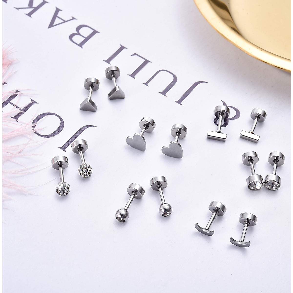 Vegolita 18Pairs 20G 18G Stainless Steel Tiny Stud Earrings for Women Cartilage Helix Earrings Ball Star CZ Earrings