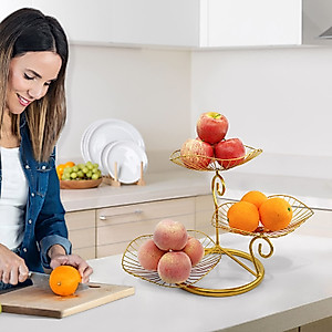 BUDO Metal Fruit Basket, 3-Tier Decorative Fruit Bowl, Wire Vegetables Snacks Metal Bowl Storage Trays Table Countertop, Modern Veggie Holder Stand for Home Kitchen Centerpiece, Gold