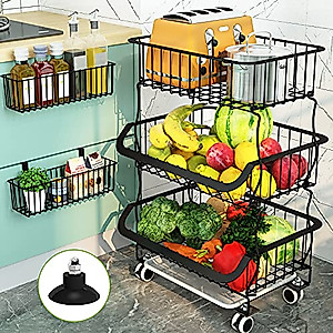 Fruit Vegetable Basket, 1Easylife 3 Tier Stackable Metal Wire Basket Cart with Rolling Wheels, Utility Rack for Kitchen, Pantry, Garage, With 2 Free Baskets (3 tier)