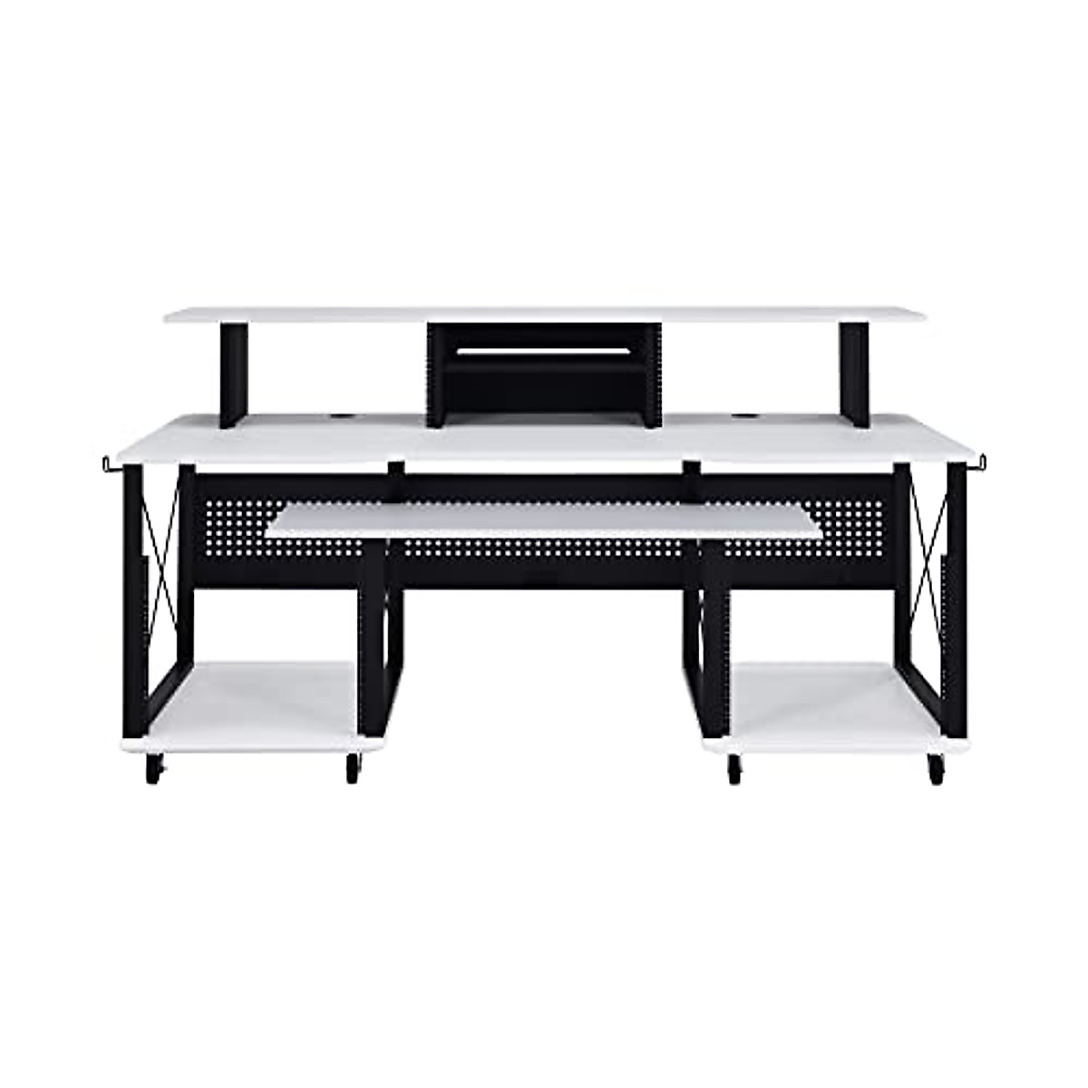 Acme Furniture Megara 72" x 30" Rectangular Metal Storage Music Desk, Included Wheels, Multiple Functional & Storage Spaces, in White and Black Finish