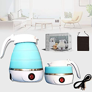 Travel Foldable Electric Kettle Ultrathin Food Grade Silicone Kettle with Separable Power Cord and Handle Boil Dry Protection and Easy for Storage Collapsible Heating Boiler for Coffee Tea (Blue)