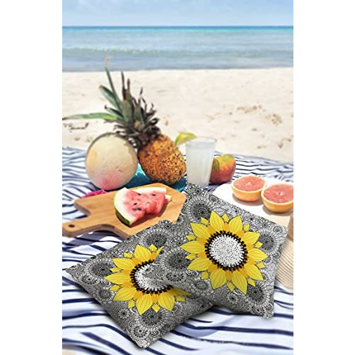 Pack of 2 Outdoor Waterproof Pillow Covers 20x20 inch Mandala and Sunflower Flower Geometry Pattern Throw Pillow Covers Decorative Cushion Covers for Patio Garden Tent
