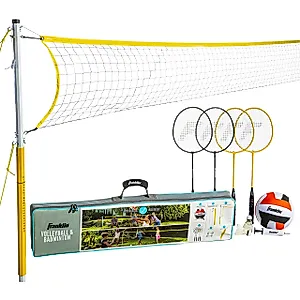 Franklin Sports Family Volleyball & Badminton Combo Set - Portable Backyard + Beach Volleyball + Badminton Net - Volleyball, Rackets & Birdie Included - Family