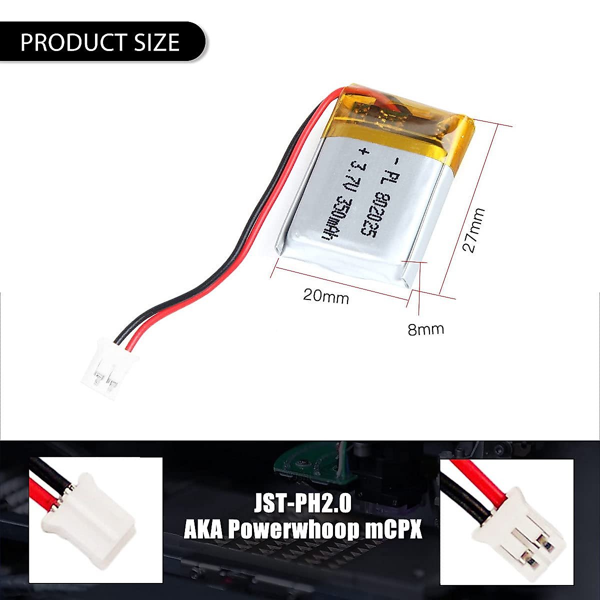YDL 3.7V 350mAh 802025 Lipo battery Rechargeable Lithium Polymer ion Battery Pack with PH2.0mm JST Connector