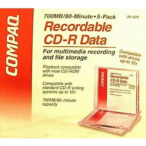 Compaq CD-R Data 700MB 80 Minute up to 12x Recordable 5 Pack Compact Disc