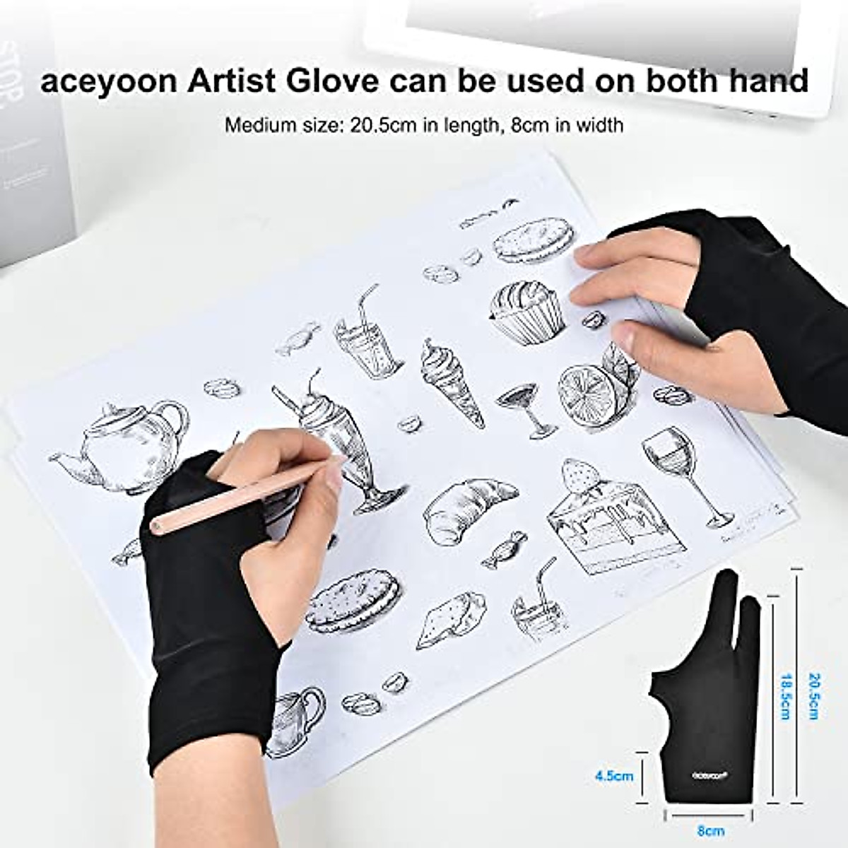 aceyoon [Upgrade] 2Pack Drawing Glove, Two-Finger Artist Gloves for Digital Graphic Tablet, Elastic Painting Gloves for Right/Left Hand Artists, for Paper Sketching, iPad, Painting