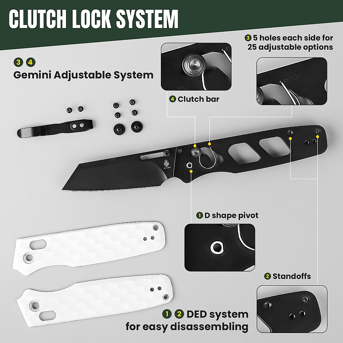 Kizer Task Pocket Knife, 3.04 Inch Nitro V Sheepsfoot Blade EDC Knife with Customized Clutch Lock, Small White G10 Handle Folding Knife with Clip, Thumb Stud Opener Hunting Camping Knife, V3641A1