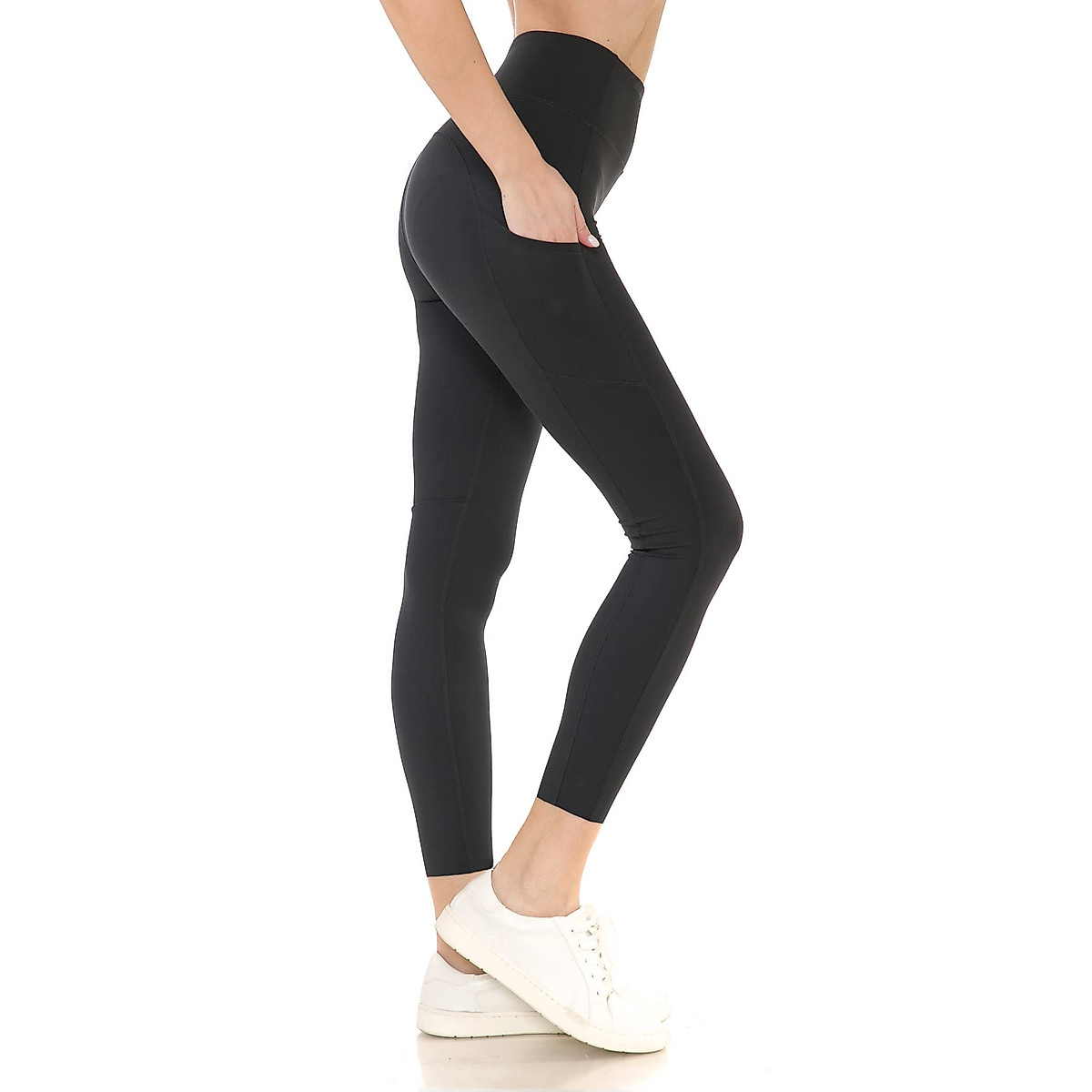 Leggings Depot High Waist 7/8 Leggings Workout Yoga Pants with Pockets (Black, Medium)
