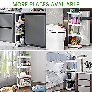 SYLEALA 4 Tier Slim Storage Cart,Mobile Shelving Unit Organizer Slide Out Storage Rolling Cart,Bathroom Organizer for Kitchen Laundry Narrow Places, Plastic & Stainless Steel, White (White)