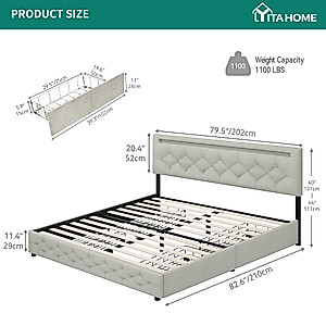 YITAHOME LED Bed Frame King-Size, Upholstered Platform Bed with Adjustable Headboard & LED Lighting, Storage Bed Frame with 4 Drawers, Wooden Slat Support, No Box Spring Required, Gray