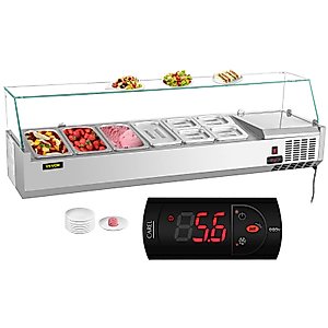 VEVOR Refrigerated Condiment Prep Station, 60-Inch, 16.8Qt Sandwich Prep Table with 4 1/3 Pans & 4 1/6 Pans, 146W Salad Bar with 304 Stainless Body Tempered Glass Shield Digital Temp Display Auto Defr
