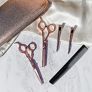 Hair Cutting Kit for Women - Barber Hair Cutting Scissors and Thinning Shears with Comb, Clips and Case by Lily England (Rose Gold)
