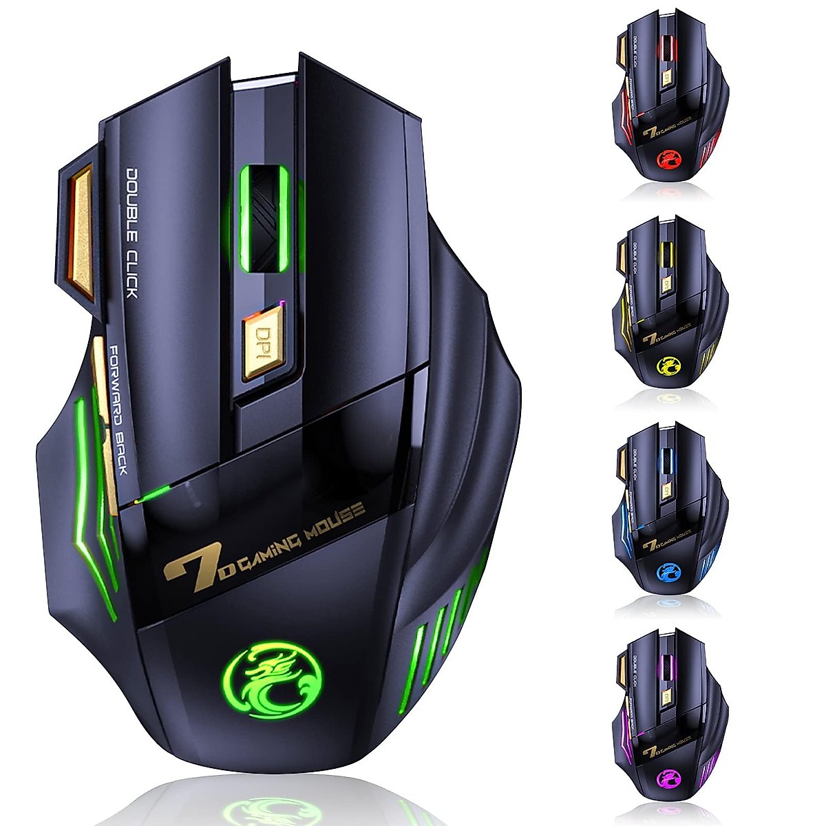 VEGCOO Wireless Gaming Mouse, Rechargeable Silent Wireless Mouse with 4800 DPI Adjustable,Double Click Key, Colorful RGB Lights, Computer Mice with Thumb Rest for PC/Mac Gamer (C26 Black)