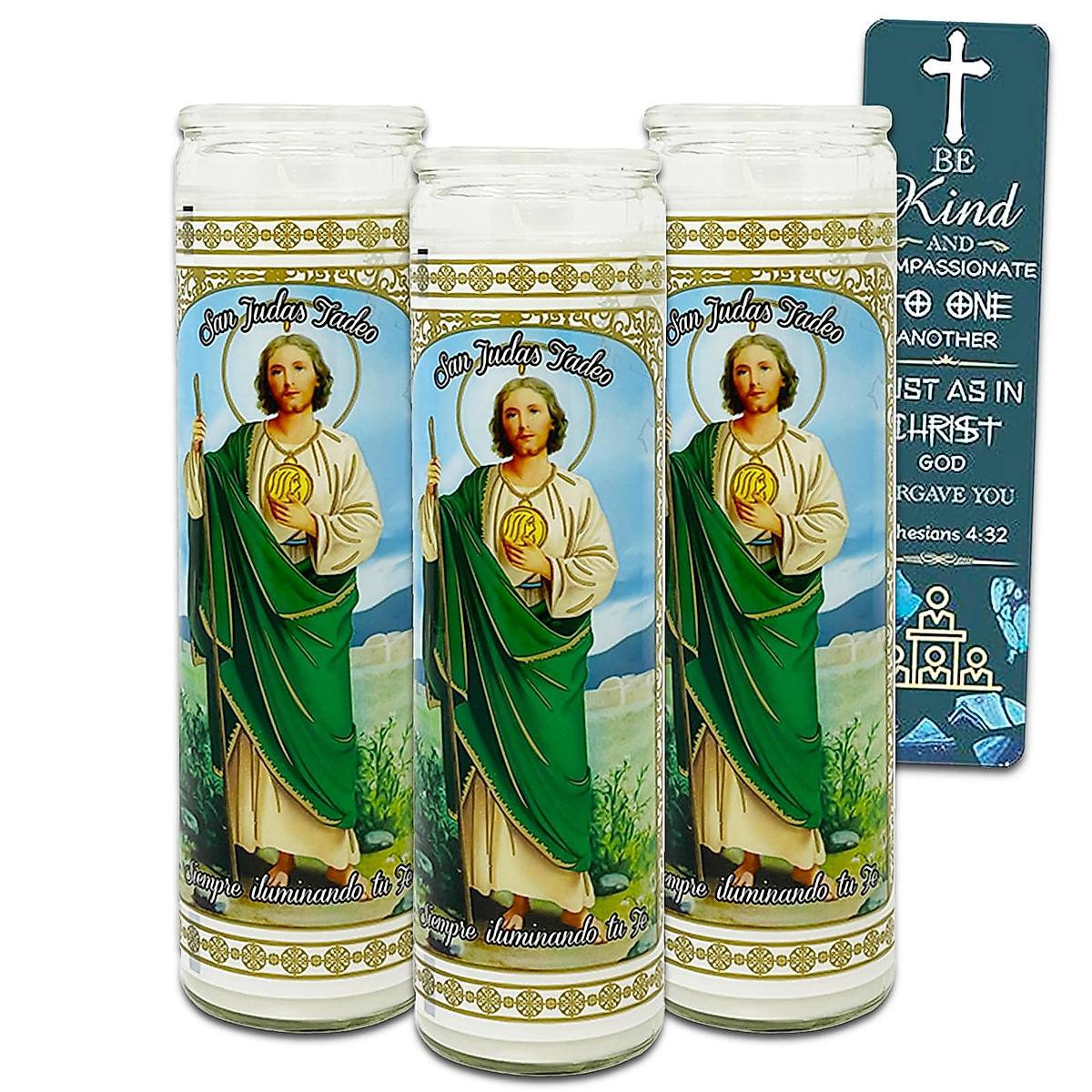 Graydon Hall 3 Pack San Judas Tadeo 8 Inch White Religious Candles - Bundle with 3 Saint Jude Candles for Vigils, Prayers, Blessing Ceremonies, and More Plus Bookmark | Saint Judas Candles