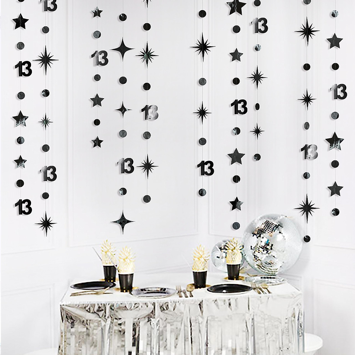 Black 13th Birthday Decorations Number 13 Circle Dot Twinkle Star Garland Metallic Hanging Streamer Bunting Banner Backdrop for Girls 13 Year Old Birthday Thirteen Official Teenager Party Supplies