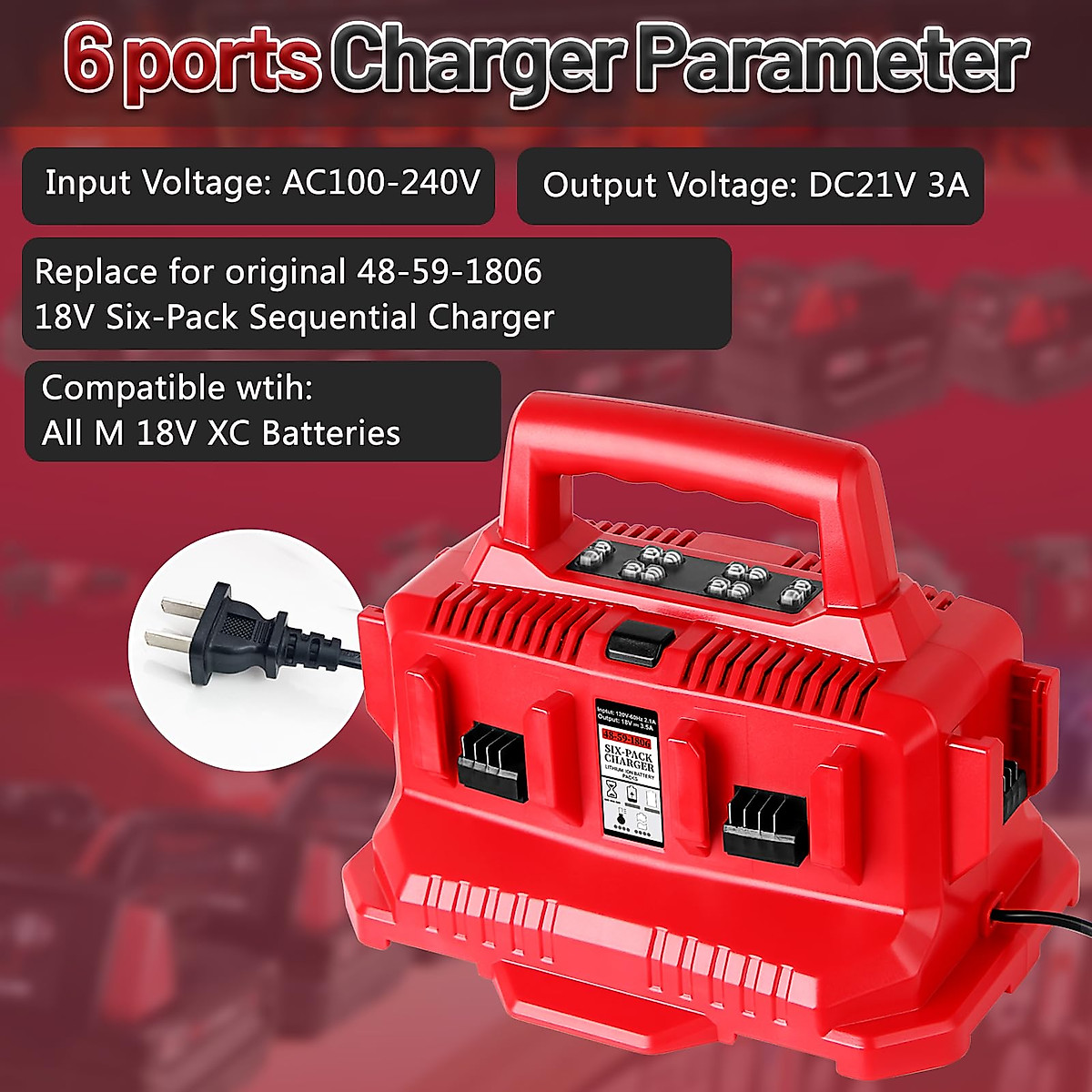 【6 Port & Wall Hole】 Replacement for Milwaukee M18 Battery Charger 6 Port 48-59-1806 18V for Milwaukee Multi Charger with Power Choose Button,6 LED Indicators