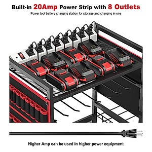 JUNNUJ Garage Large Power Tool Organizer Cart with 20A Power Strip, Heavy Duty Drill and Tools Battery Holder Storage Rack with Charing Station, Floor Standing Rolling Tool Cart Shelf on Wheels