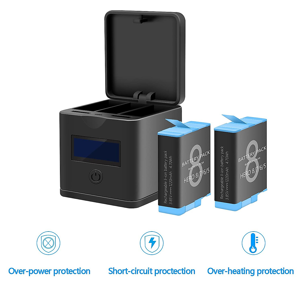 Suptig 2 Pack Batteries Compatible for GoPro Hero 8, GoPro Hero 7 Black, Hero 6, Hero 5 3-Channel Battery Charger Station for Hero 8 Hero 7 Hero 6 Hero 5